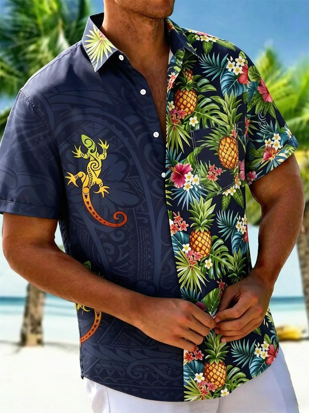 Hawaiian Tribal Lizard Pineapple Tropical Men's Pocket Short Sleeve ...