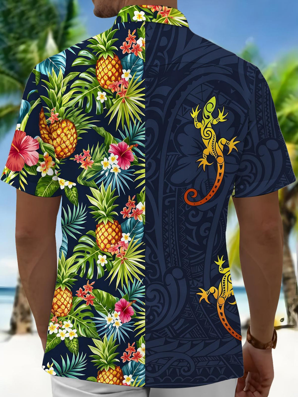 Hawaiian Tribal Lizard Pineapple Tropical Men's Pocket Short Sleeve ...